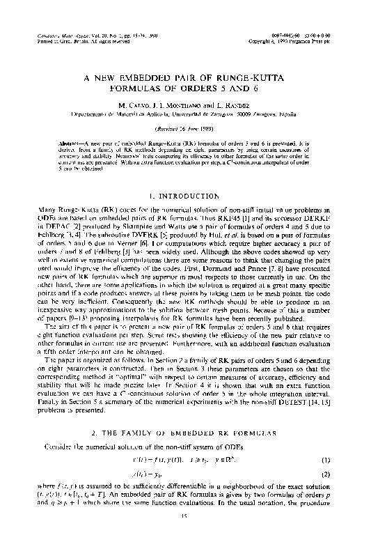 Pdf A New Embedded Pair Of Runge Kutta Formulas Of Orders 5 And 6 M Calvo J Montijano