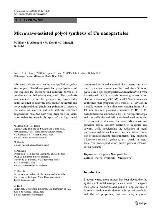 (PDF) Microwave-assisted polyol synthesis of Cu nanoparticles