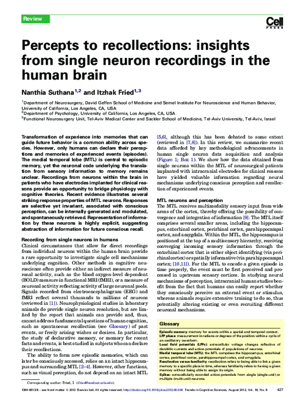 (PDF) Percepts to recollections: insights from single neuron recordings ...