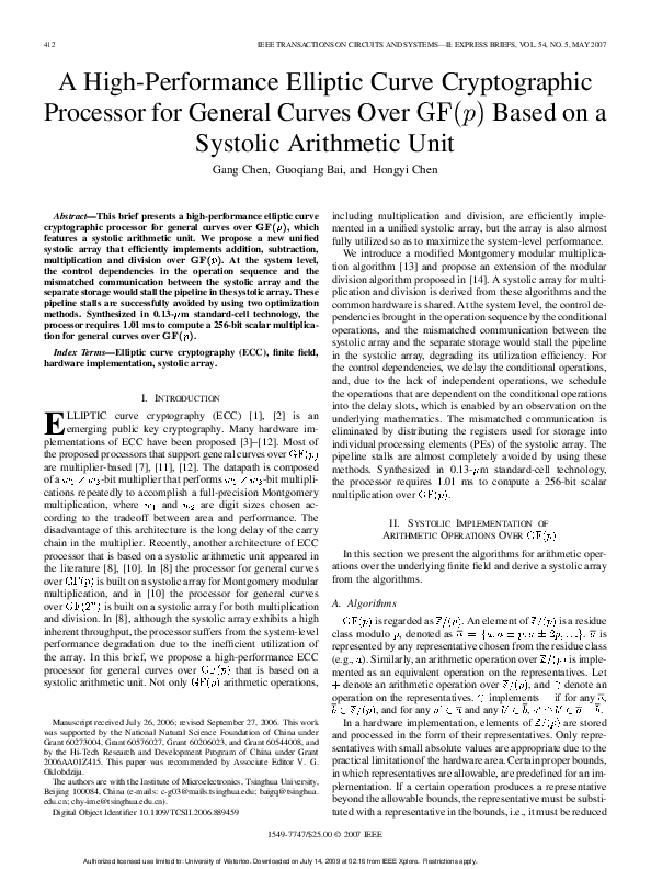 (PDF) A High-Performance Elliptic Curve Cryptographic Processor for General Curves Over GF(p ...