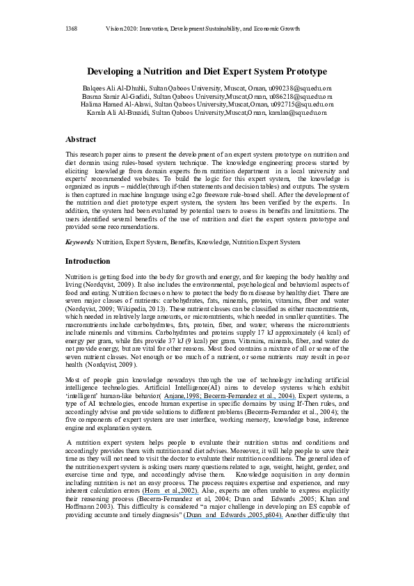(PDF) Developing a Nutrition and Diet Expert System Prototype