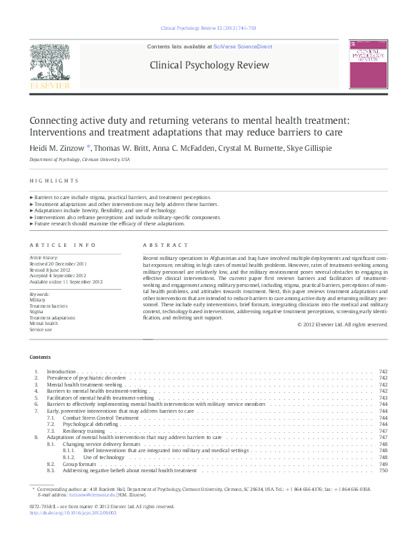 (PDF) Connecting active duty and returning veterans to mental health ...