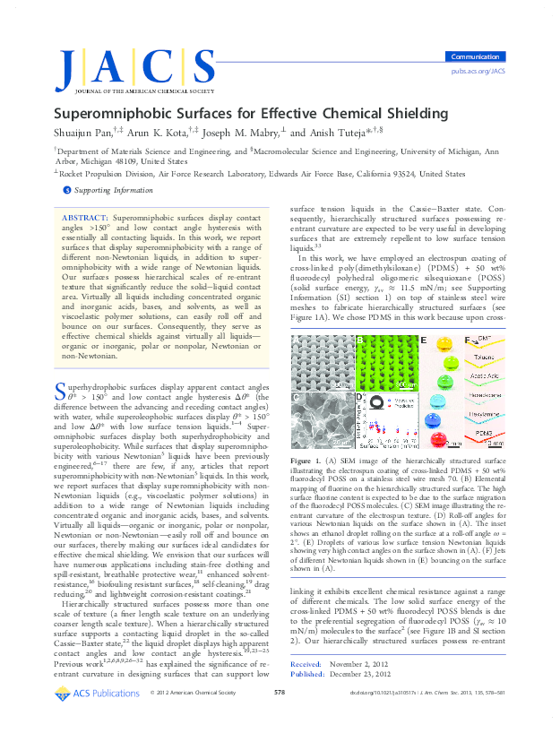 (PDF) Superomniphobic Surfaces for Effective Chemical Shielding