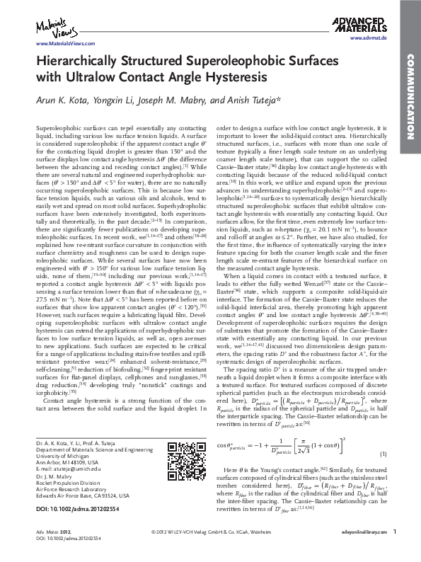 (PDF) Superoleophobic Surfaces: Hierarchically Structured ...