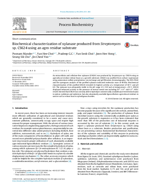 (PDF) Biochemical characterization of xylanase produced from Streptomyces sp. CS624 using an ...