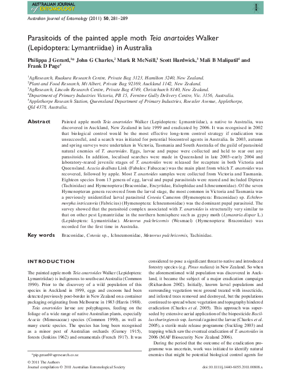 (PDF) Parasitoids of the painted apple moth Teia anartoides Walker ...