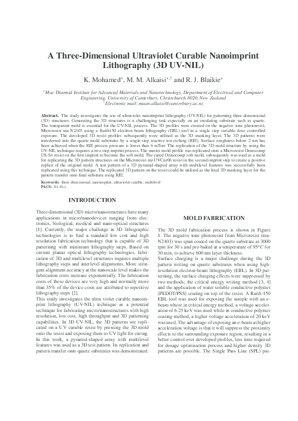 (PDF) A Three‐Dimensional Ultraviolet Curable Nanoimprint Lithography (3D UV‐NIL)