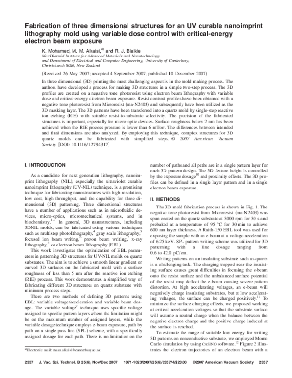 (PDF) Fabrication of three dimensional structures for an UV curable nanoimprint lithography mold ...