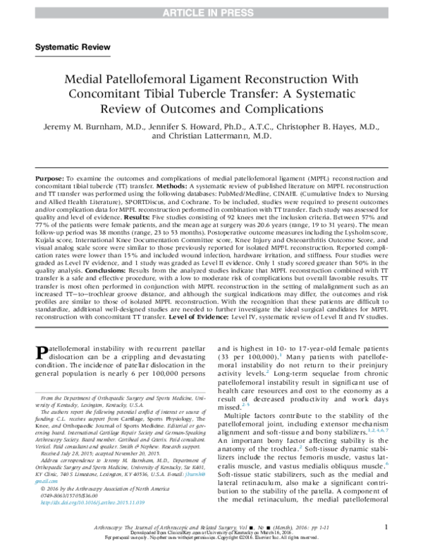 (PDF) Medial Patellofemoral Ligament Reconstruction With Concomitant ...