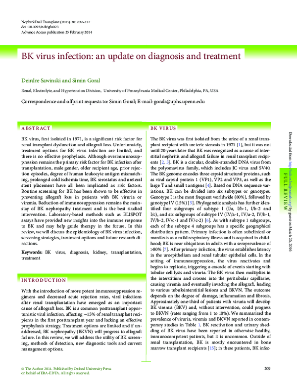 (PDF) BK virus infection: an update on diagnosis and treatment