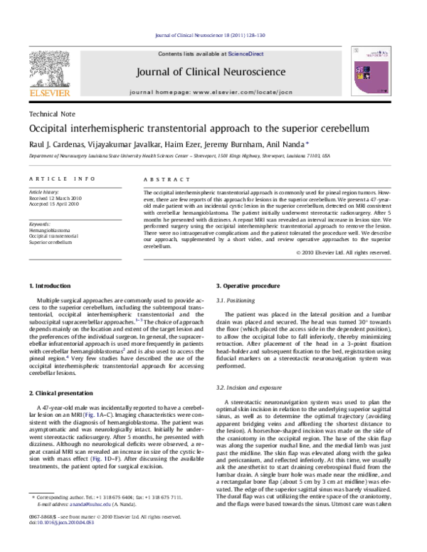 (PDF) Occipital interhemispheric transtentorial approach to the ... (PDF) Occipital interhemispheric transtentorial approach to the ...