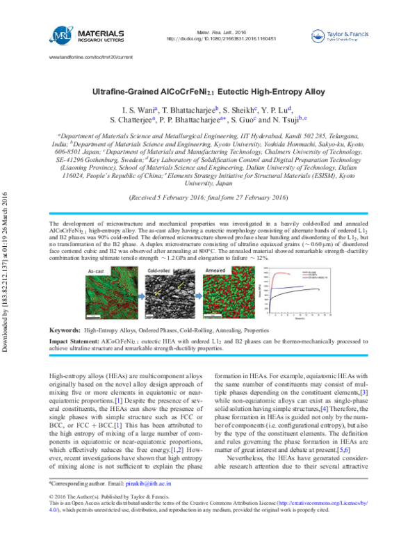 (PDF) Ultrafine-Grained AlCoCrFeNi 2.1 Eutectic High-Entropy Alloy