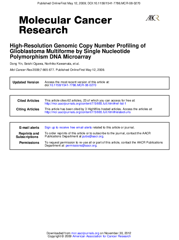 (PDF) High-Resolution Genomic Copy Number Profiling of Glioblastoma Multiforme by Single ...