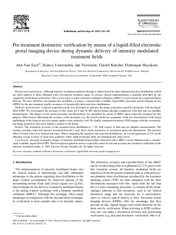 (PDF) Pre-treatment dosimetric verification by means of a liquid-filled electronic portal ...