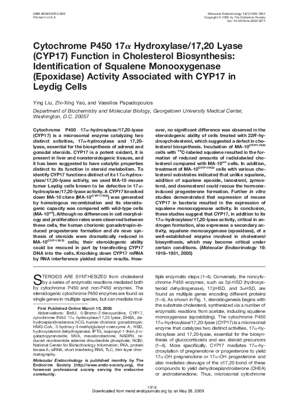 (PDF) Cytochrome P450 17α hydroxylase/17, 20 lyase (CYP17) function in cholesterol biosynthesis ...