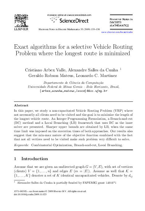 (PDF) Exact algorithms for a selective Vehicle Routing Problem where ...