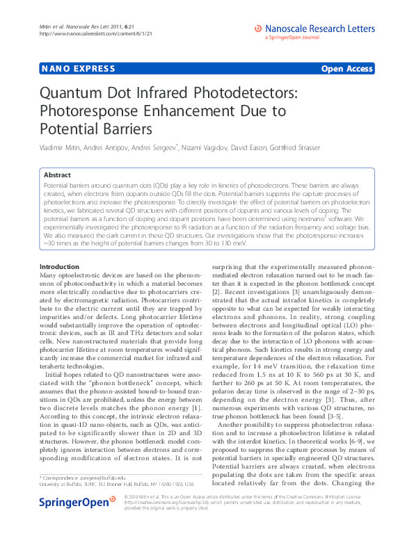 (PDF) Quantum dot infrared photodetectors: photoresponse enhancement due to potential barriers