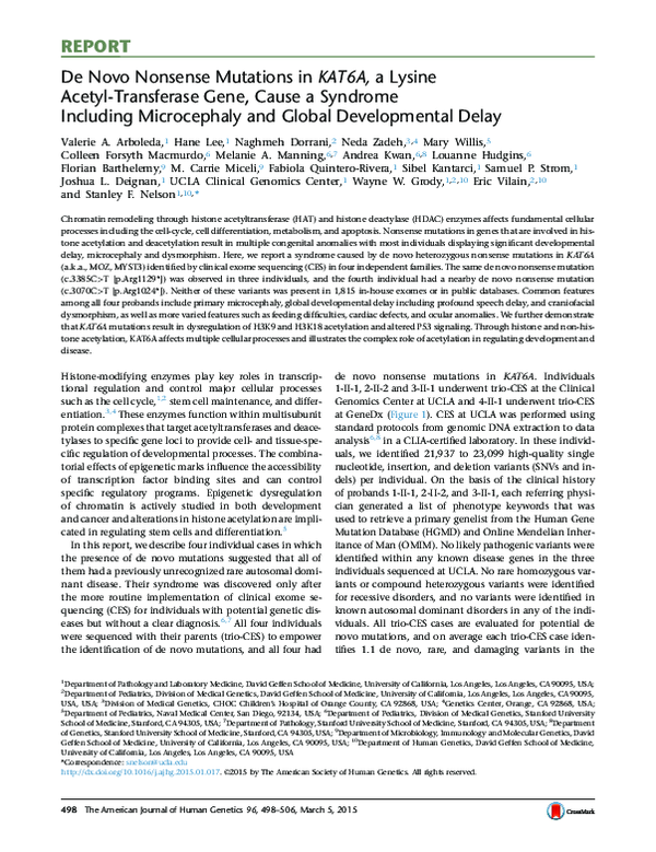 (PDF) De Novo Nonsense Mutations in KAT6A, a Lysine Acetyl-Transferase Gene, Cause a Syndrome ...