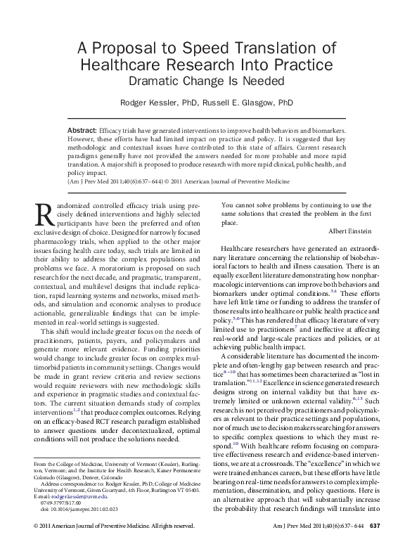 (PDF) A Proposal to Speed Translation of Healthcare Research Into Practice