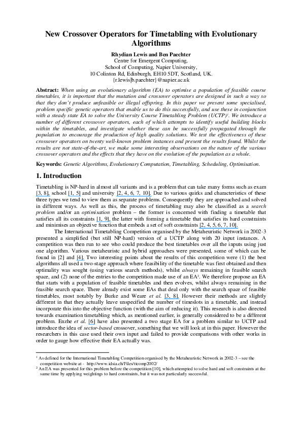 (PDF) New Crossover Operators for Timetabling with Evolutionary Algorithms