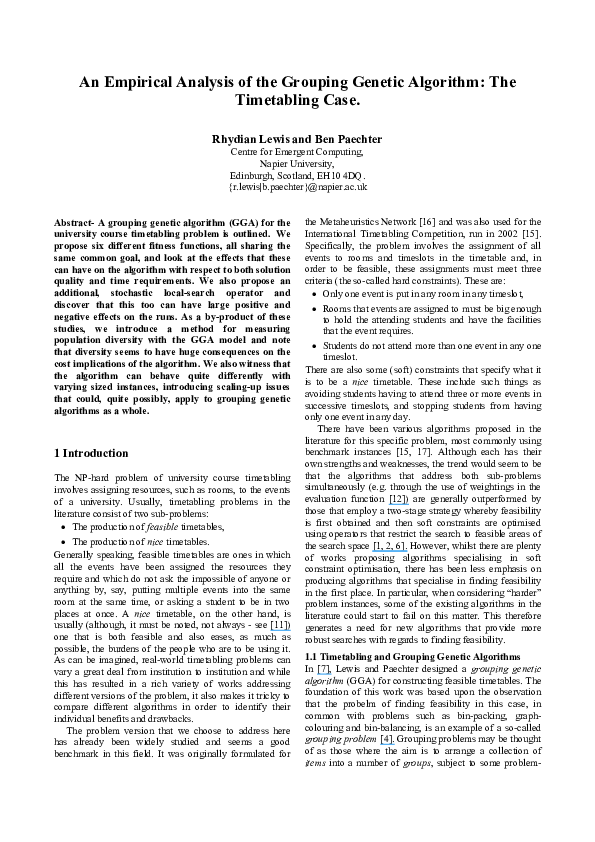 Pdf An Empirical Analysis Of The Grouping Genetic Algorithm The Timetabling Case