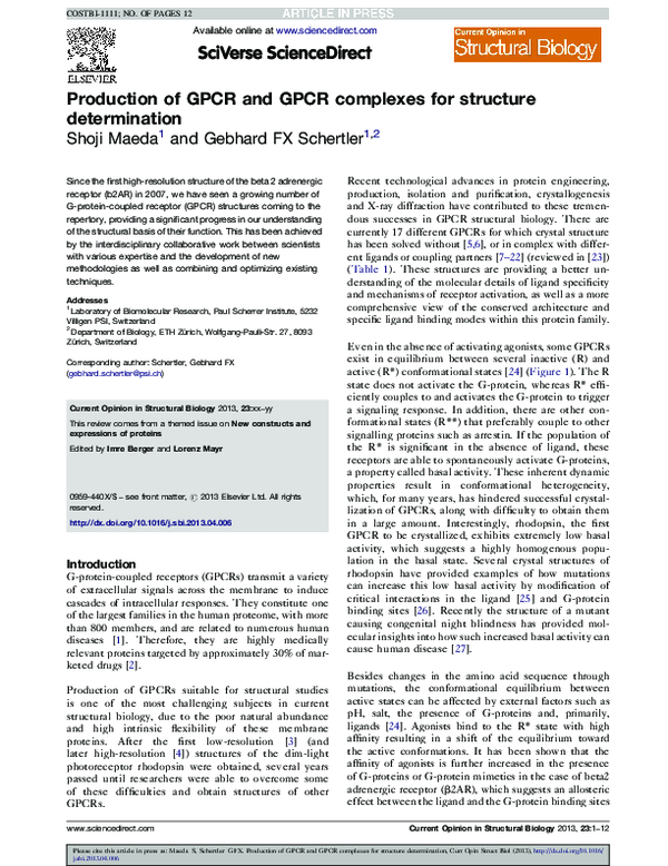 (PDF) Production of GPCR and GPCR complexes for structure determination