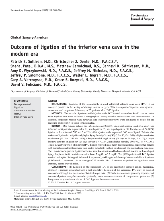 (PDF) Outcome of ligation of the inferior vena cava in the modern era