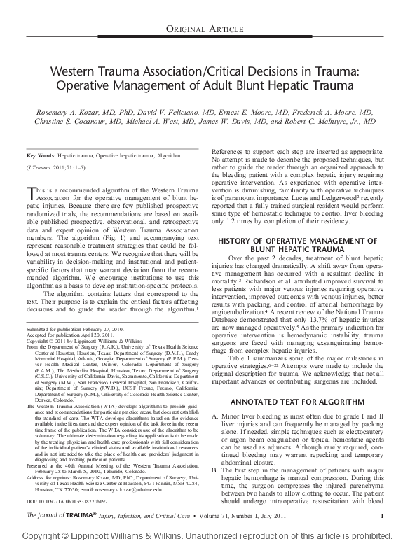 (PDF) Western Trauma Association critical decisions in trauma ...