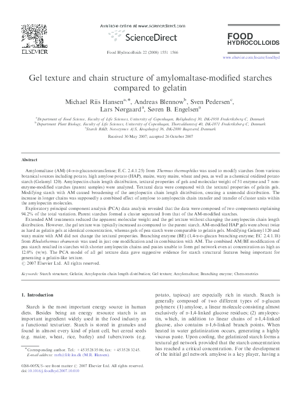 (PDF) Gel texture and chain structure of amylomaltase-modified starches ...