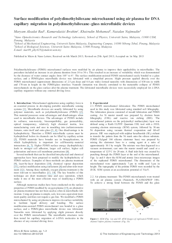 (PDF) Surface modification of polydimethylsiloxane with photo-grafted poly(ethylene glycol) for ...