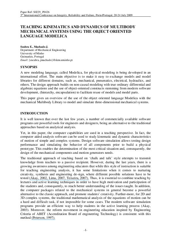 (PDF) Teaching Kinematics and Dynamics of Multibody Mechanical System Using the Object Oriented ...