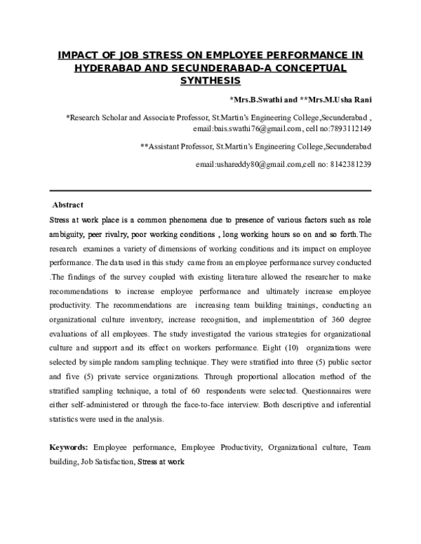 (DOC) IMPACT OF JOB STRESS ON EMPLOYEE PERFORMANCE IN HYDERABAD AND ...