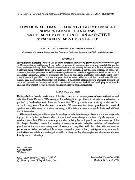 Pdf Towards Automatic Adaptive Geometrically Non Linear Shell Analysis Part I Implementation