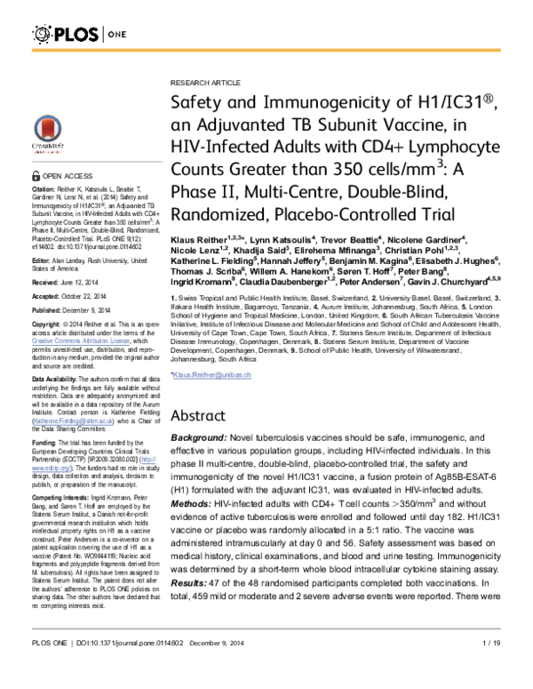 (PDF) Safety and Immunogenicity of H1/IC31®, an Adjuvanted TB Subunit ...