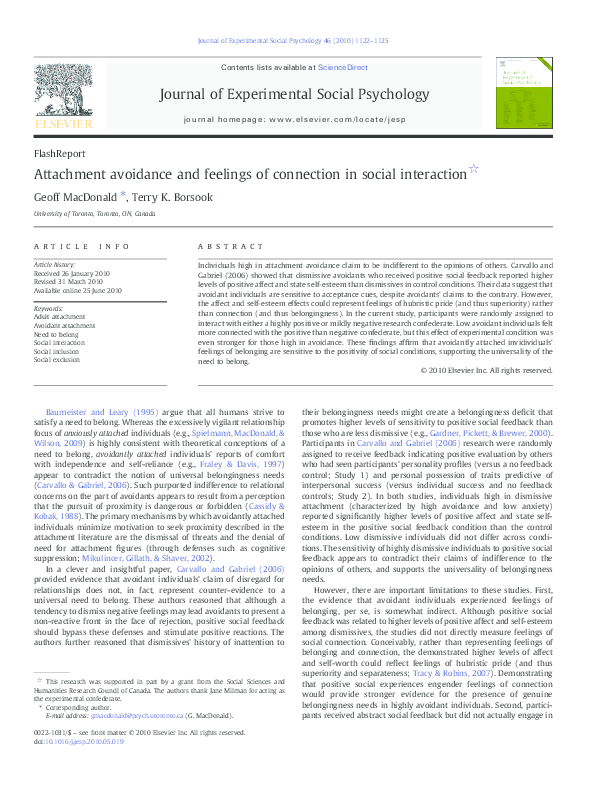 (PDF) Attachment avoidance and feelings of connection in social interaction