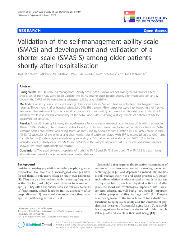 (PDF) Validation of the self-management ability scale (SMAS) and ...