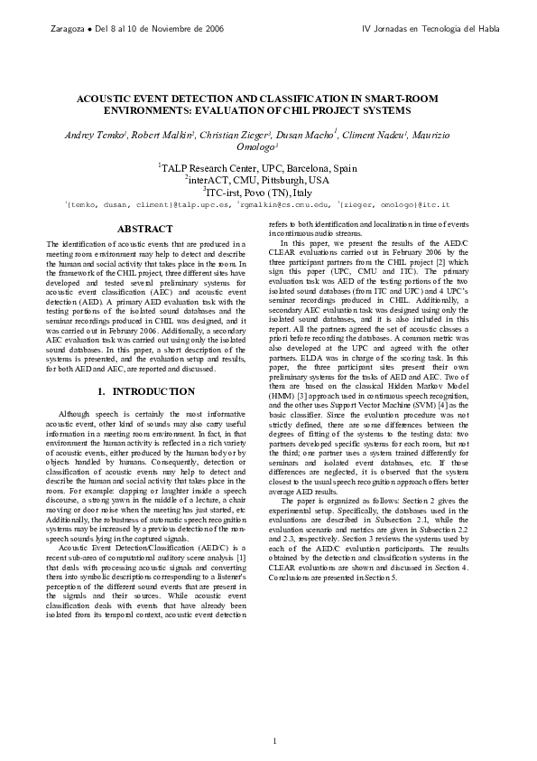 Pdf Acoustic Event Detection And Classification In Smart Room Environments Evaluation Of Chil