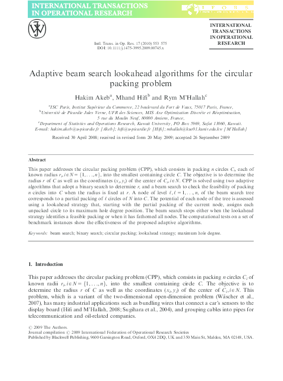 (PDF) Adaptive beam search lookahead algorithms for the circular packing problem
