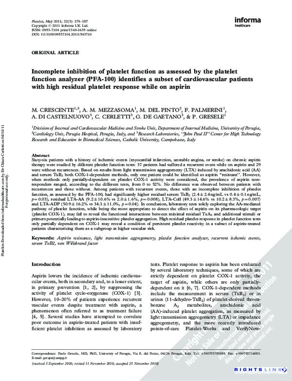 (PDF) Incomplete inhibition of platelet function as assessed by the ...