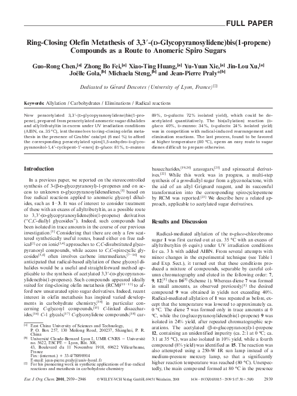 (PDF) Ring-Closing Olefin Metathesis of 3,3′-(D-Glycopyranosylidene)bis ...