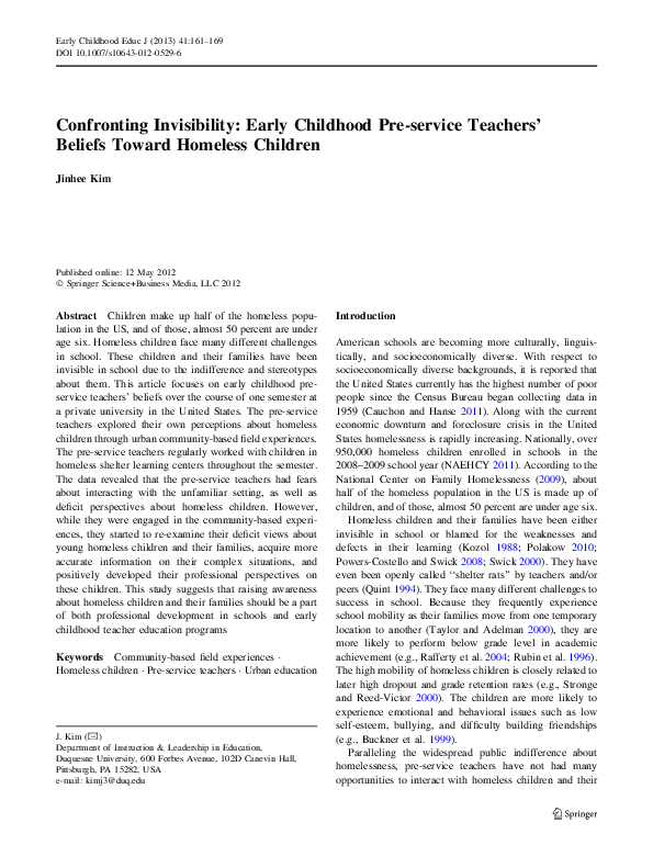 (PDF) Confronting Invisibility: Early Childhood Pre-service Teachers’ Beliefs Toward Homeless ...