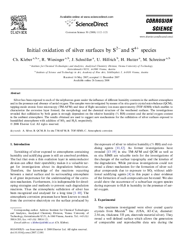 (PDF) Initial oxidation of silver surfaces by S2−and S4+ species