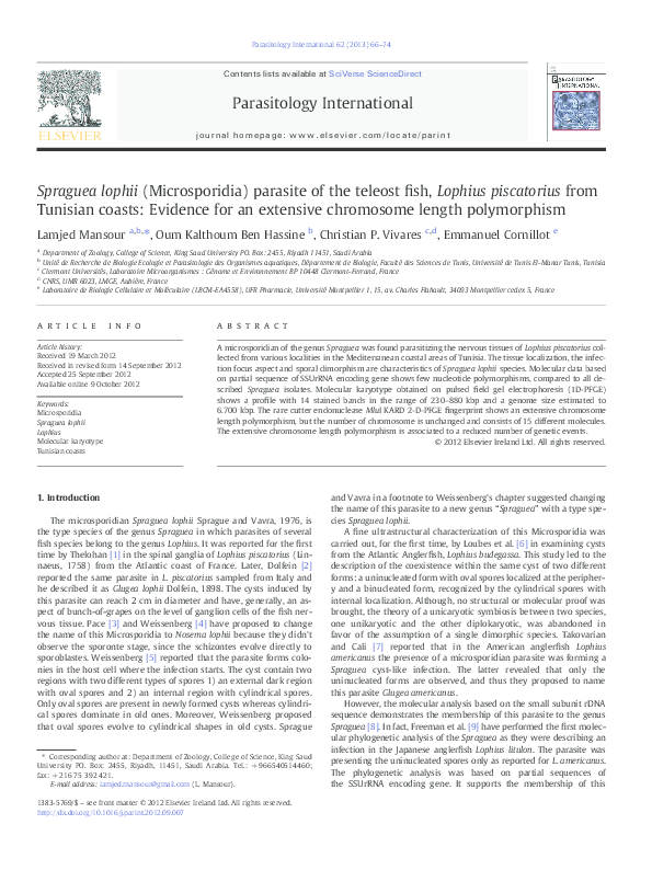 (PDF) Spraguea lophii (Microsporidia) parasite of the teleost fish ...