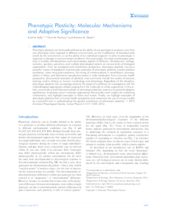 (PDF) Phenotypic Plasticity: Molecular Mechanisms and Adaptive Significance