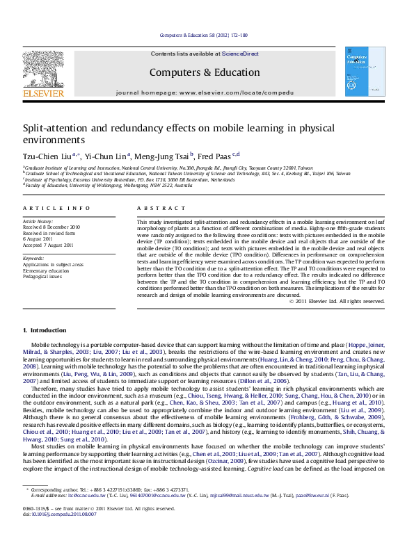 (PDF) Split-attention and redundancy effects on mobile learning in physical environments | Fred ...