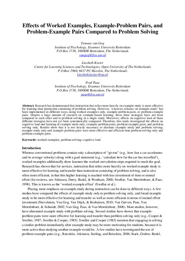 (PDF) Effects of Worked Examples, Example-Problem Pairs, and Problem-Example Pairs Compared to ...