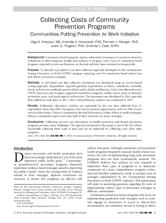 (PDF) Collecting Costs of Community Prevention Programs