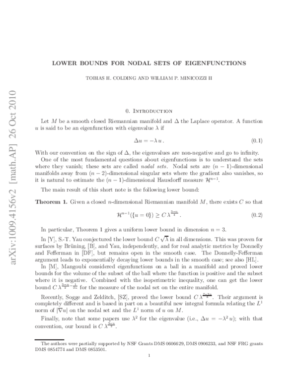 (PDF) Lower bounds for nodal sets of eigenfunctions