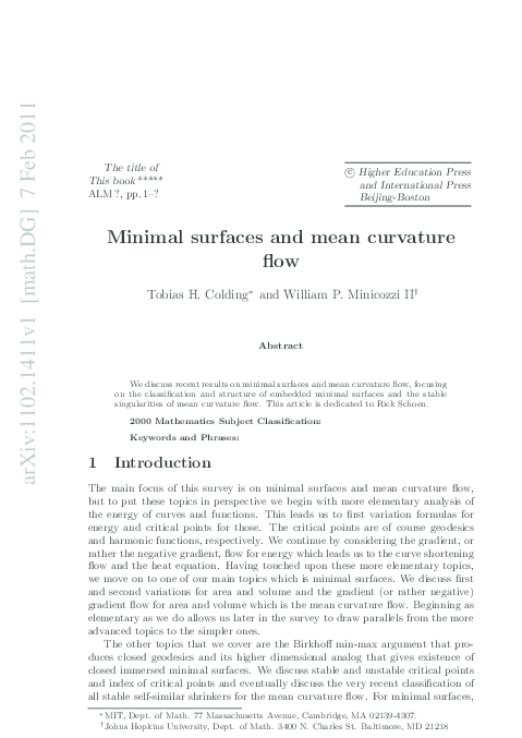 (PDF) Minimal surfaces and mean curvature flow