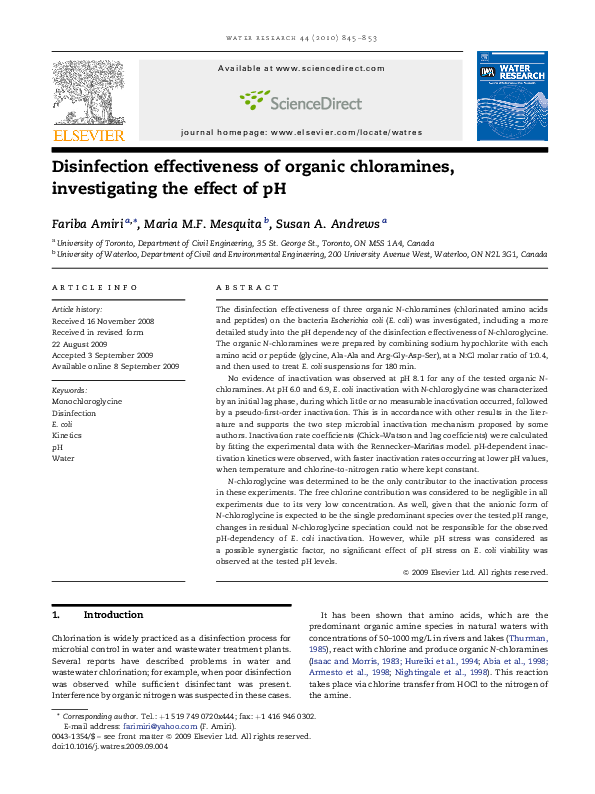 (PDF) Disinfection effectiveness of organic chloramines, investigating ...